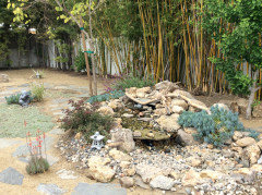Simple Patio fountain to coexist with tall messy bamboo hedge