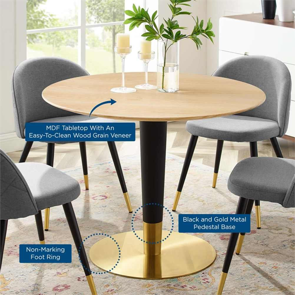Modway Zinque 39.5" Round Modern Wood Dining Table in Natural/Gold ...