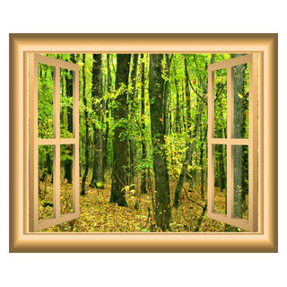1X Autumn Forest Window Wall Decal Peel and Stick Mural, 24"x30 ...