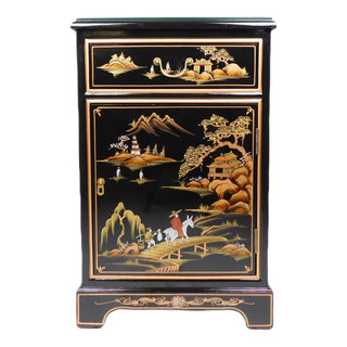 Black Lacquer Oriental End Table With Landscape Painting - Asian - Side ...