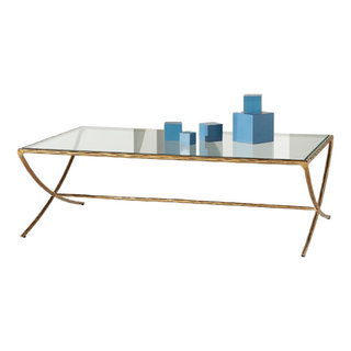 Contemporary Coffee Table, Curved Legs With Trestle Support & Clear ...