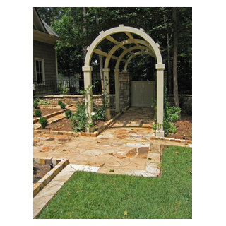 Cypress Barrel Arbor and gate, Fieldstone columns, knee-wall walkway ...