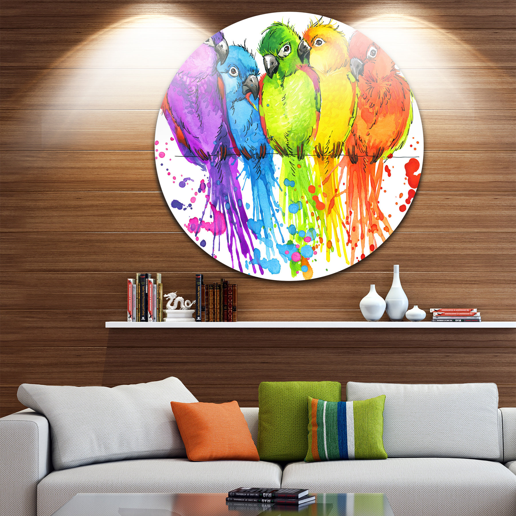 Designart - Colorful Parrots Illustration' Animal Metal Circle Wall Art ...