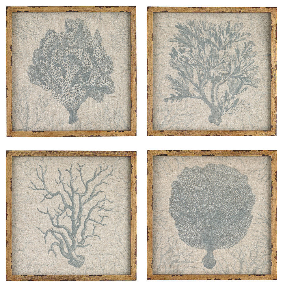 Coral Prints on Linen, 4-Piece Set - Beach Style - Prints And Posters ...