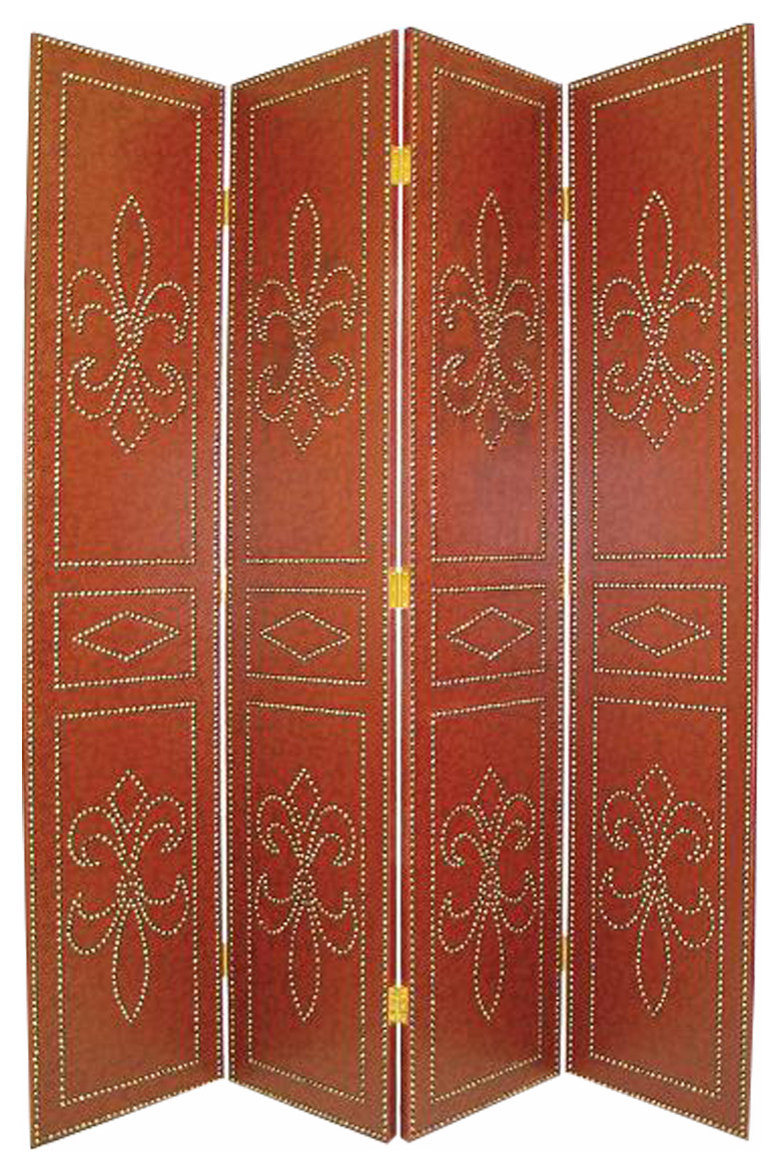 Leatherette Wooden 4 Panel Room Divider with Fleur De Lis Pattern, Red ...