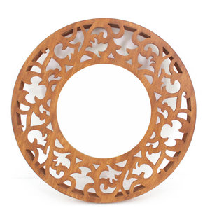 Round Wooden Wall Mirror with Scroll Cut Out Design, Silver and Brown ...