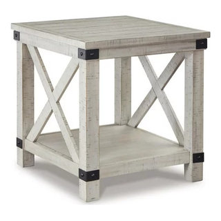 Whitewash Farmhouse End Table with Crossbuck Design and Industrial ...