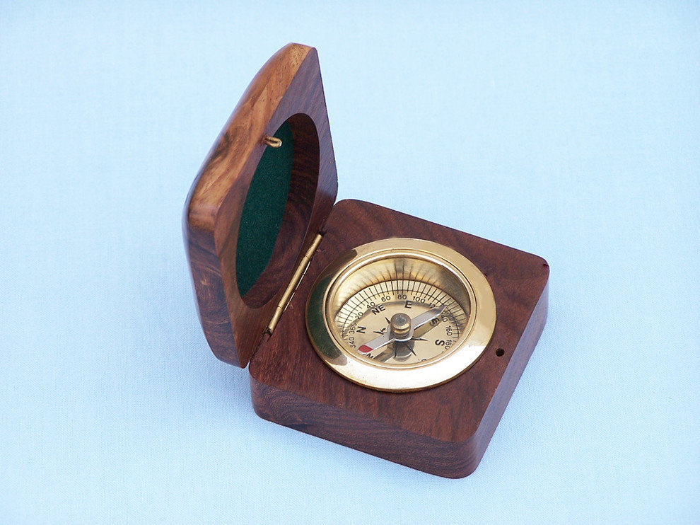 Desk Compass With Rosewood Box, Brass, 3" - Beach Style - Decorative ...