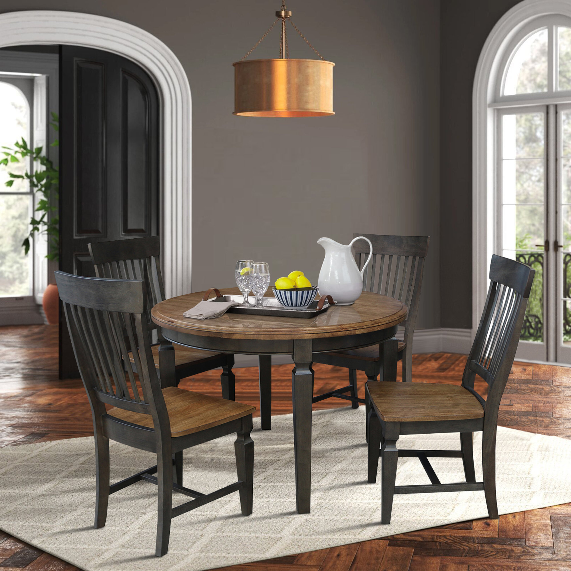 44 in. Round Top Dining Table with 4 Slatback Chairs in Hickory/Washed Coal - French Country ...