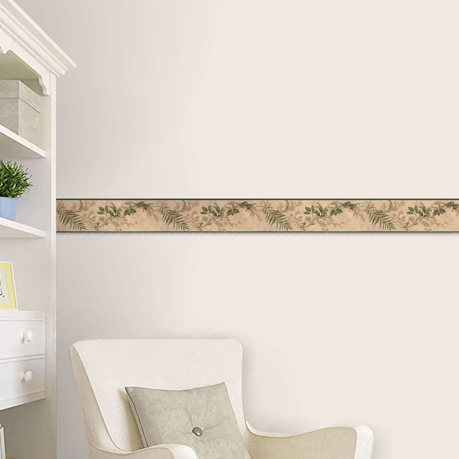 Floral Wallpaper Border Flowers Leaves Beige Green 7"x15' - Traditional ...