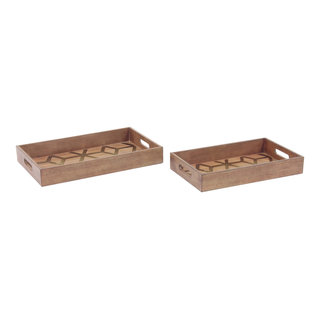 Farmhouse Rectangular Geometric-Patterned Pine Wood Trays, 2-Piece Set ...