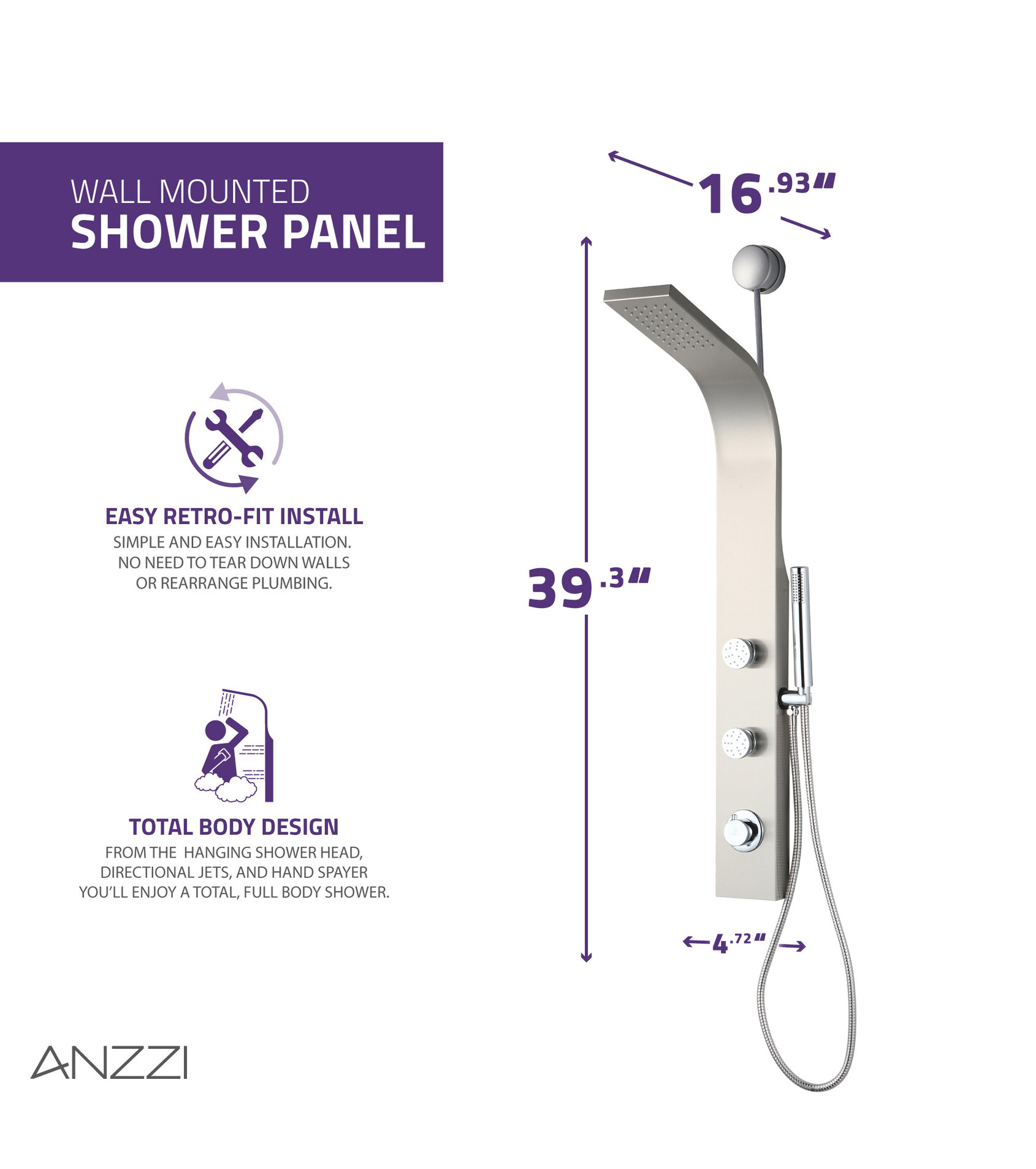 Cici Series 39 in, 2-Jetted Shower Tower With Heavy Rain Shower and ...
