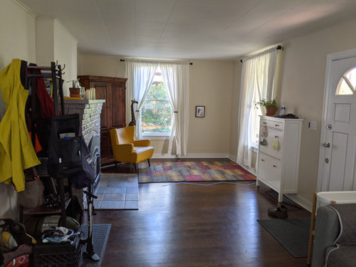 Front door opens into awkward, long living room