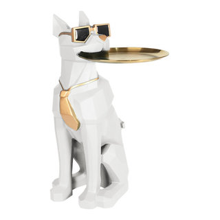 White Resin Dog Sculpture Cute End Side Table With Metal Storage Tray ...