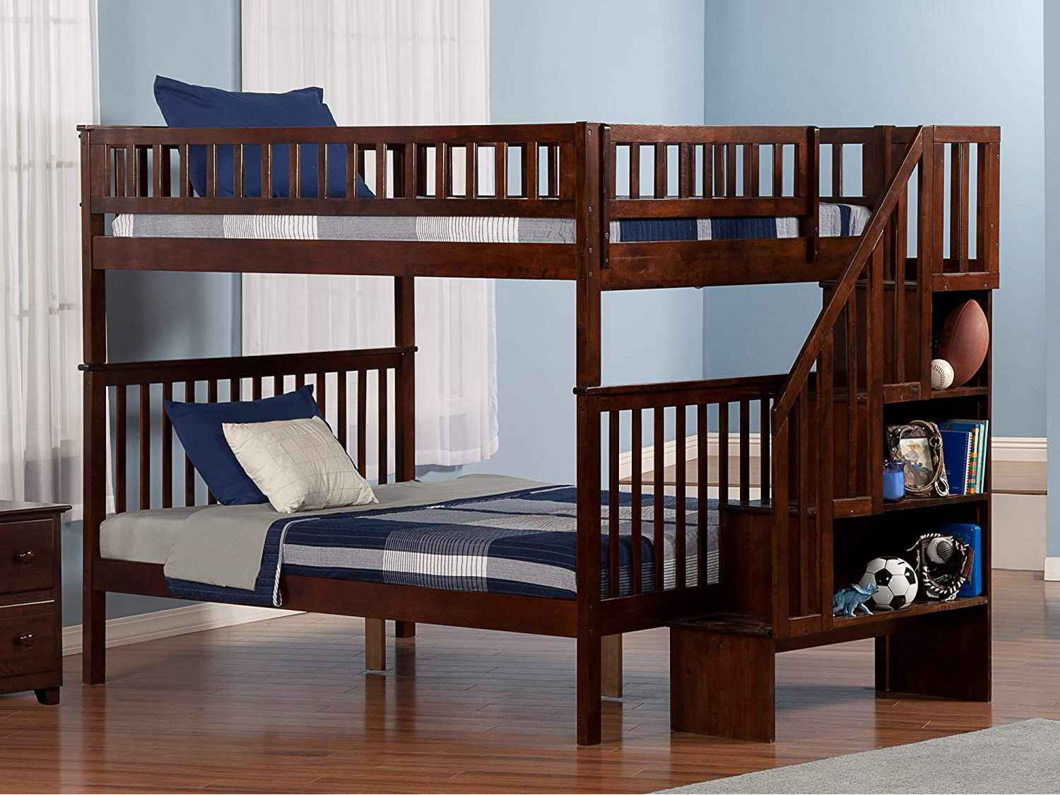 Walnut Full Over Full Staircase Bunk Bed, Safety Rails, Woodland Stairs ...