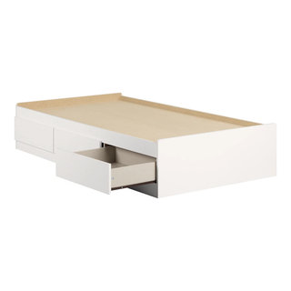 White Twin Laminated Storage Bed, Minimalistic Platform with Handleless ...