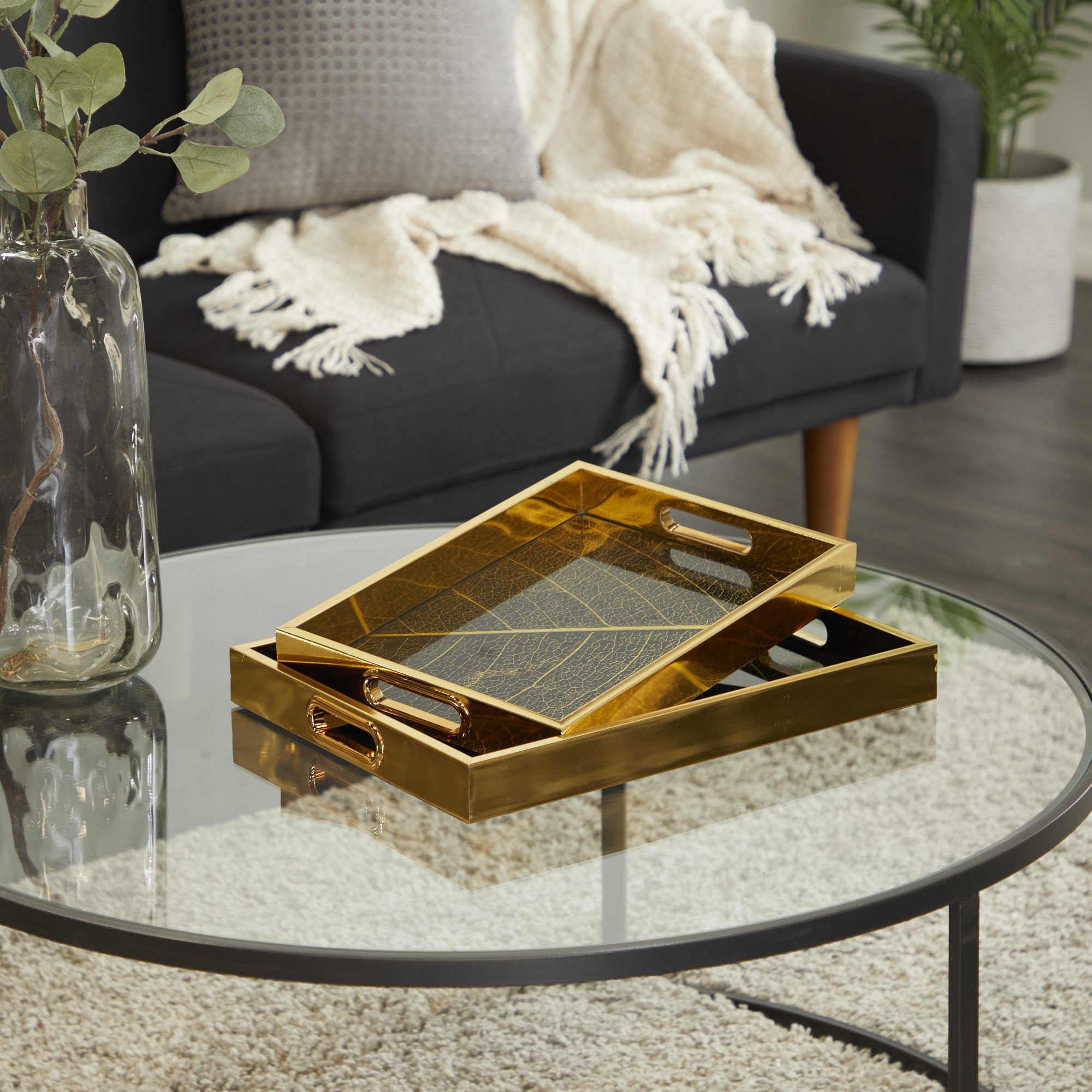 Glam Gold Plastic Tray Set 562054, S/2 16", 14"W - Contemporary ...