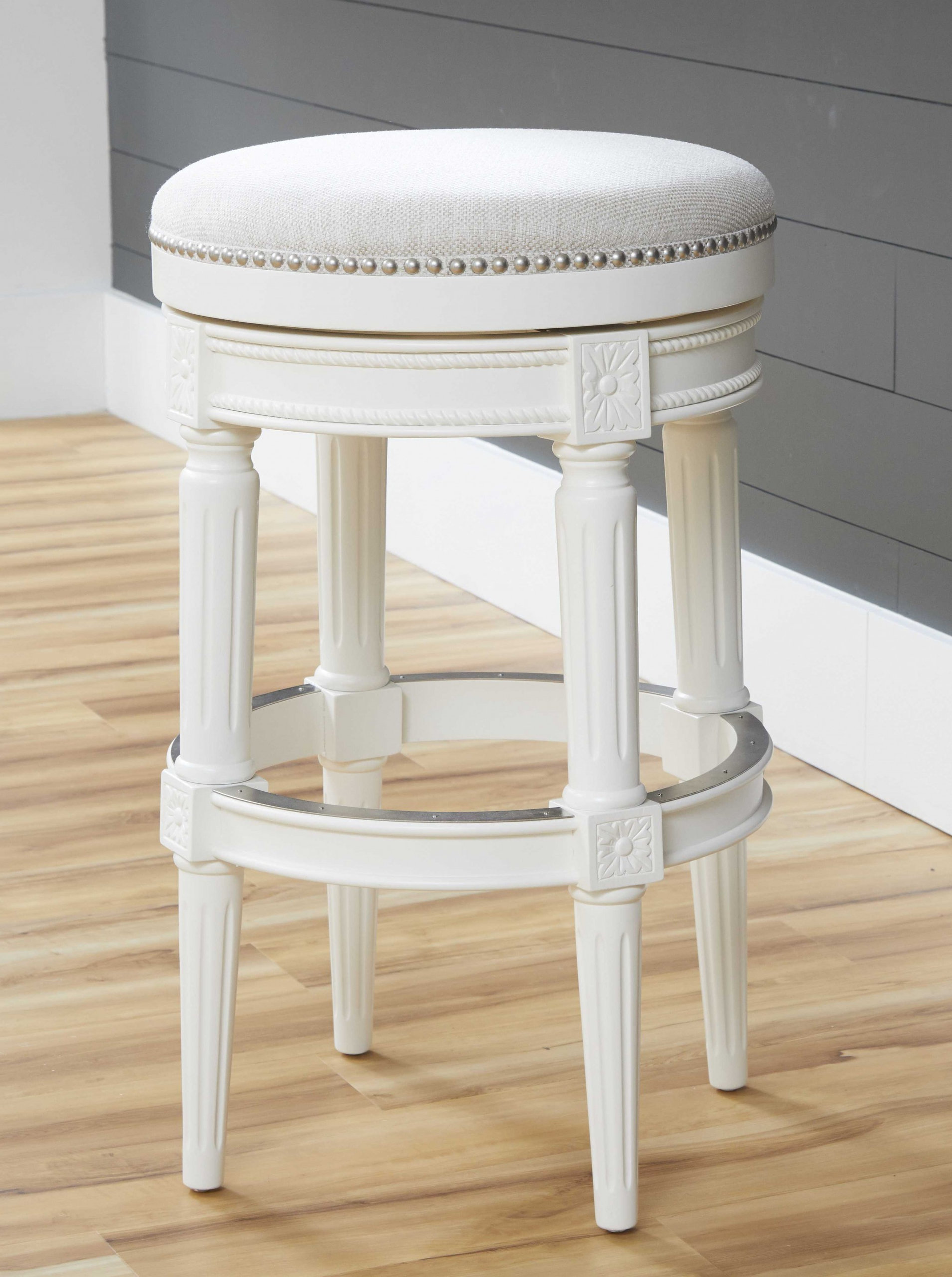 Bar Height Round Backless Stool In White Fabric - Traditional - Bar ...