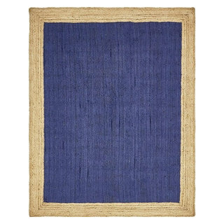 Handwoven Navy Blue and Natural Jute Farmhouse Area Rug, Braided Border ...