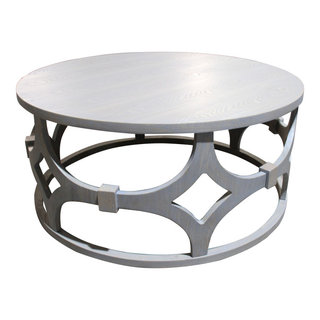 Round Coffee Table with Wooden Top and Geometrical Metal Frame, Light ...