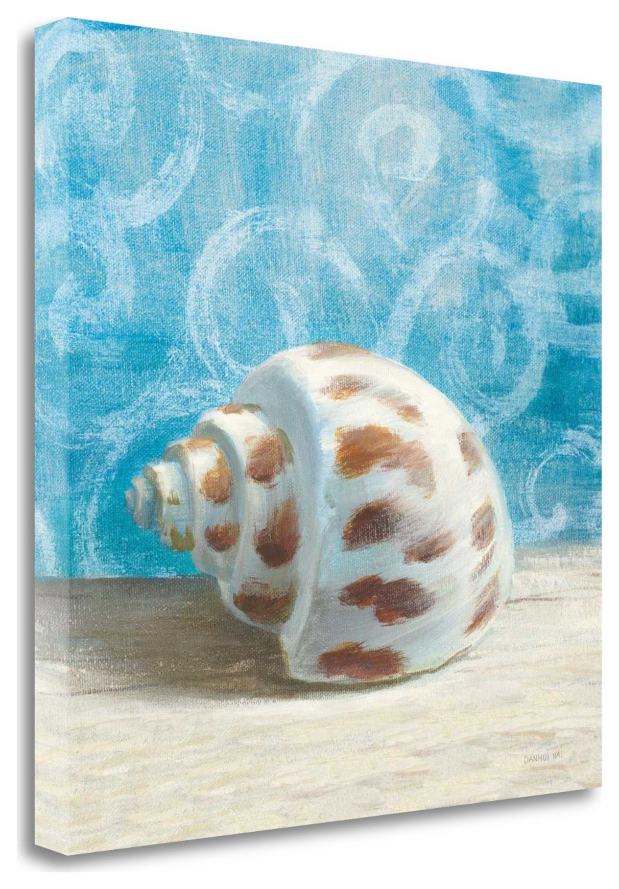 35" Mod Blue Scroll Coastal Conch 2 Giclee Wrap Canvas Wall Art - Beach ...