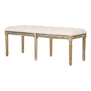 French Traditional Rustic Wood Bench with Oak Base and Tufted Velvet ...