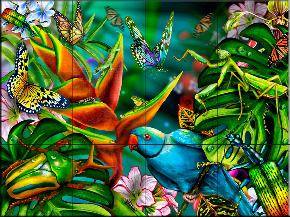 Tile Mural, Blue Parrot And Bug Friends by Lori Schory, 21.25" x 17 ...