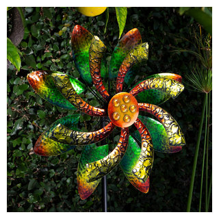 64" Tall Floral Windmill Stake with Jeweled Kinetic Spinner, Green and ...