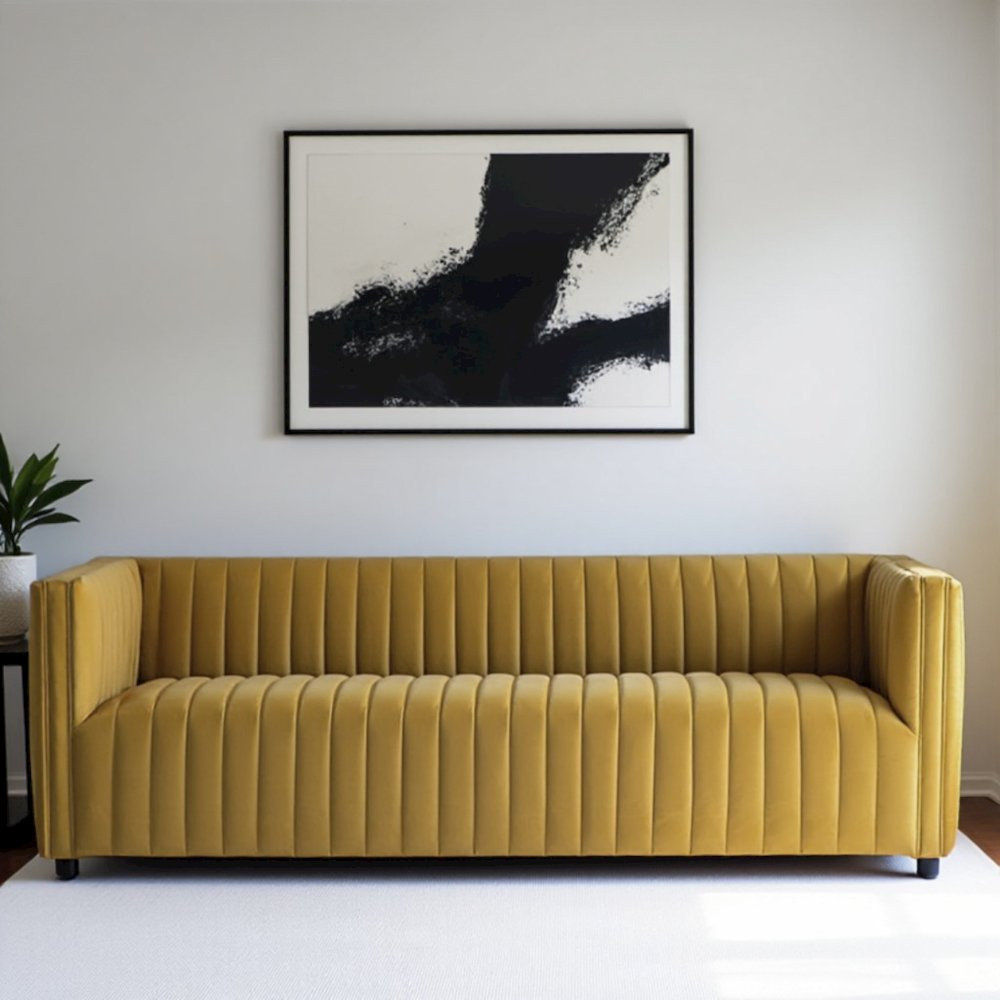 Yellow Velvet Sofa with Solid Wood Frame and Foam Cushion, Modern Couch ...