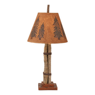 Small Twig and Leather Table Lamp With Pine Tree Shade - Rustic - Table ...