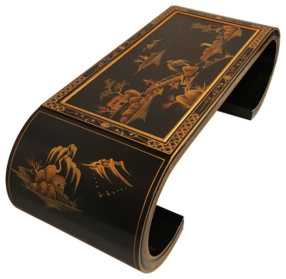 Oriental Coffee Table, Antique Black With Scroll Legs 48" - Asian ...