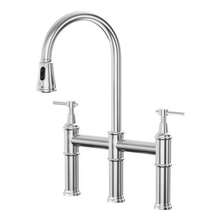 Solid Brass Bridge Faucet with Pull Down Sprayer and Double Handle ...