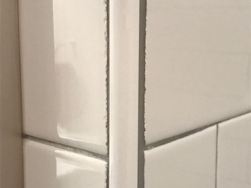 Bad tile job...help! Grout dark in certain areas/chipped tile cuts