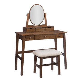 Linon Iris Wood Vanity & Padded Stool Set Oval Mirror 5 Drawers in ...