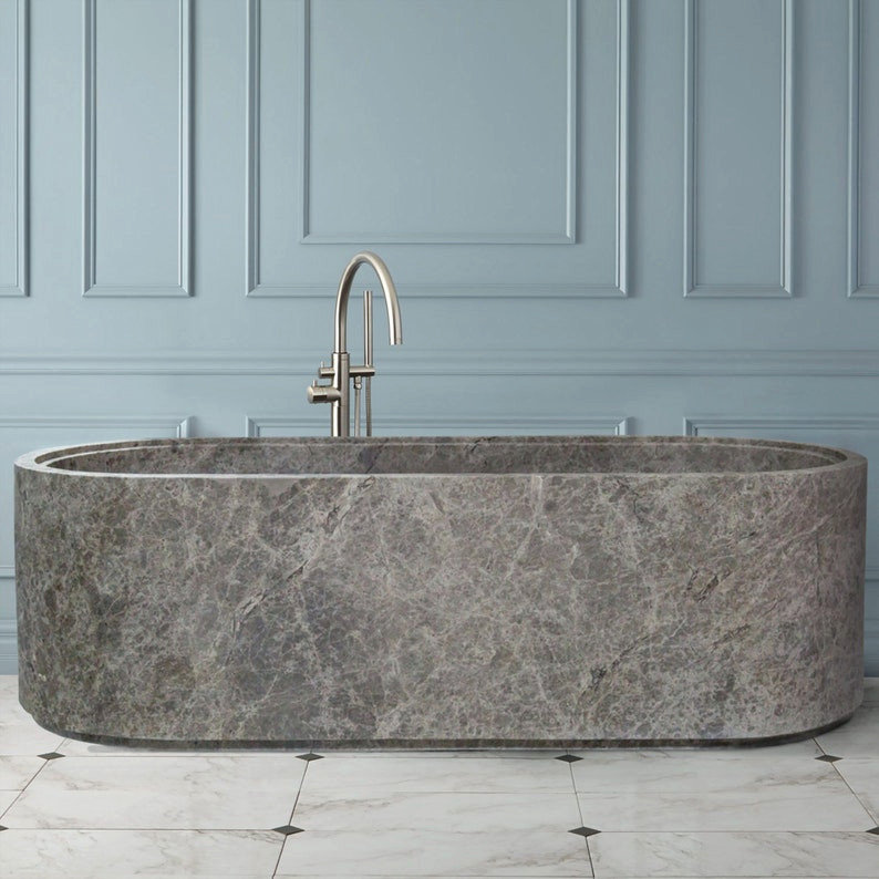 Tundra Gray Marble Bathtub Hand-carved from Solid Marble Block (W)29.5 ...