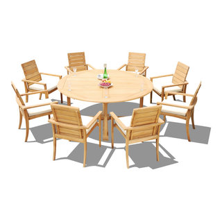 9-Piece Outdoor Teak Dining Set: 72" Round Table, 8 Alps Stacking Arm ...