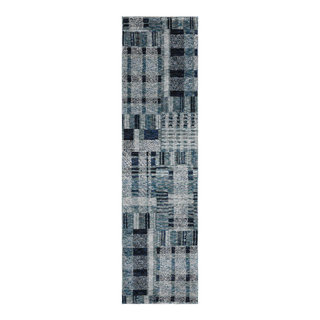 12' Runner Blue Geometric Power Loom Runner Rug - Contemporary - Hall ...