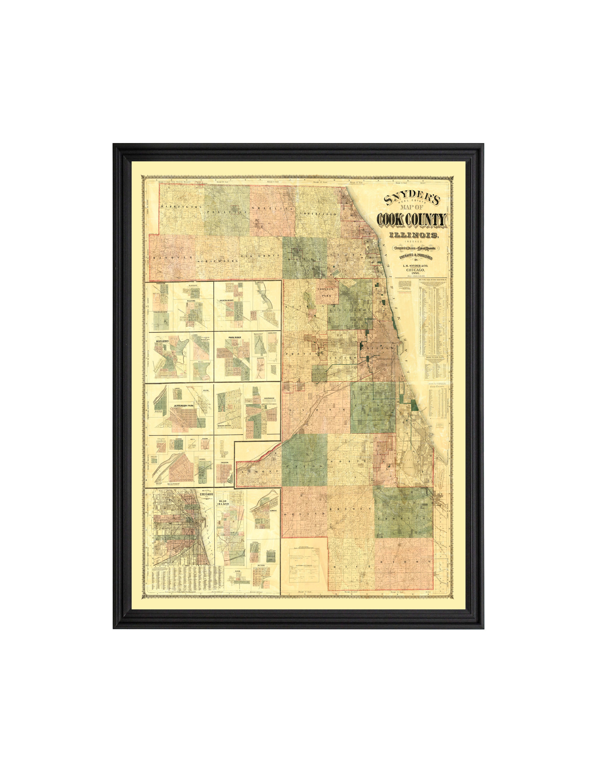 Cook County Map Framed Art 1886, Vintage Illinois Wall Decor, 24x36 ...