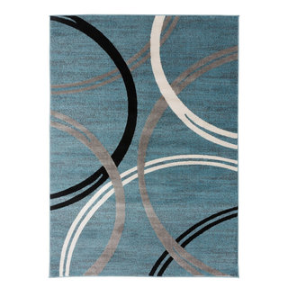 Contemporary Blue Area Rug with Elegant Wavy Circles Design ...