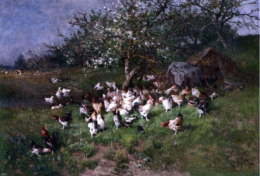 Alexandre Defaux Spring Chickens under Flowering Apple Trees Wrapped ...