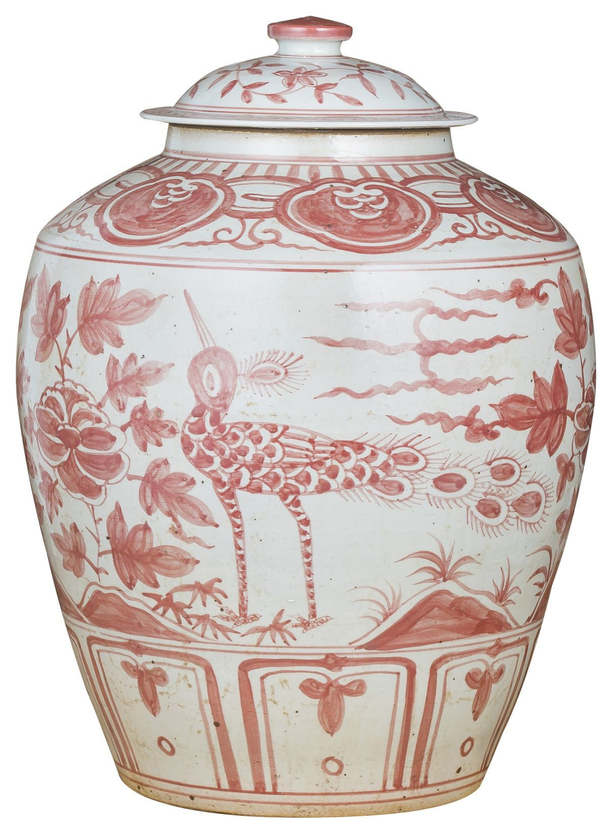 Coral Red Ginger Jar Bird Motif Small - Asian - Decorative Jars And ...