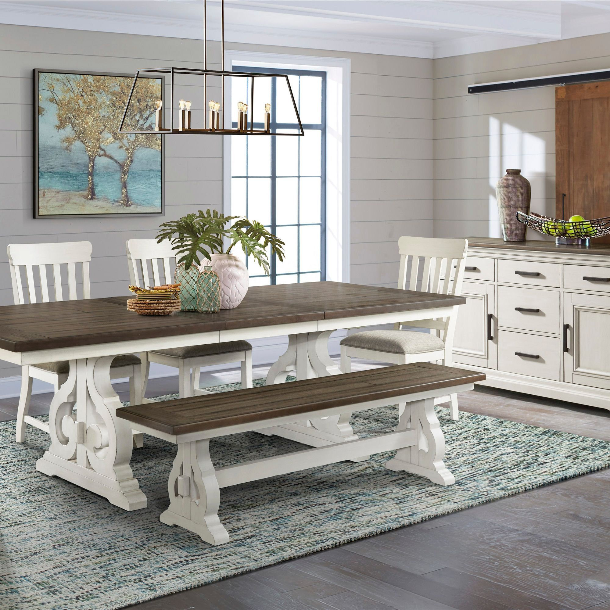 Drake Oak Dining Bench, Rustic White and French Oak - French Country ...