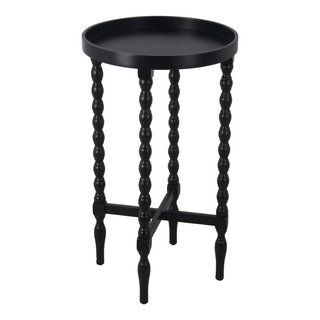 Wooden Round Accent Table with Tray Top and Beaded Turned Legs, Black ...
