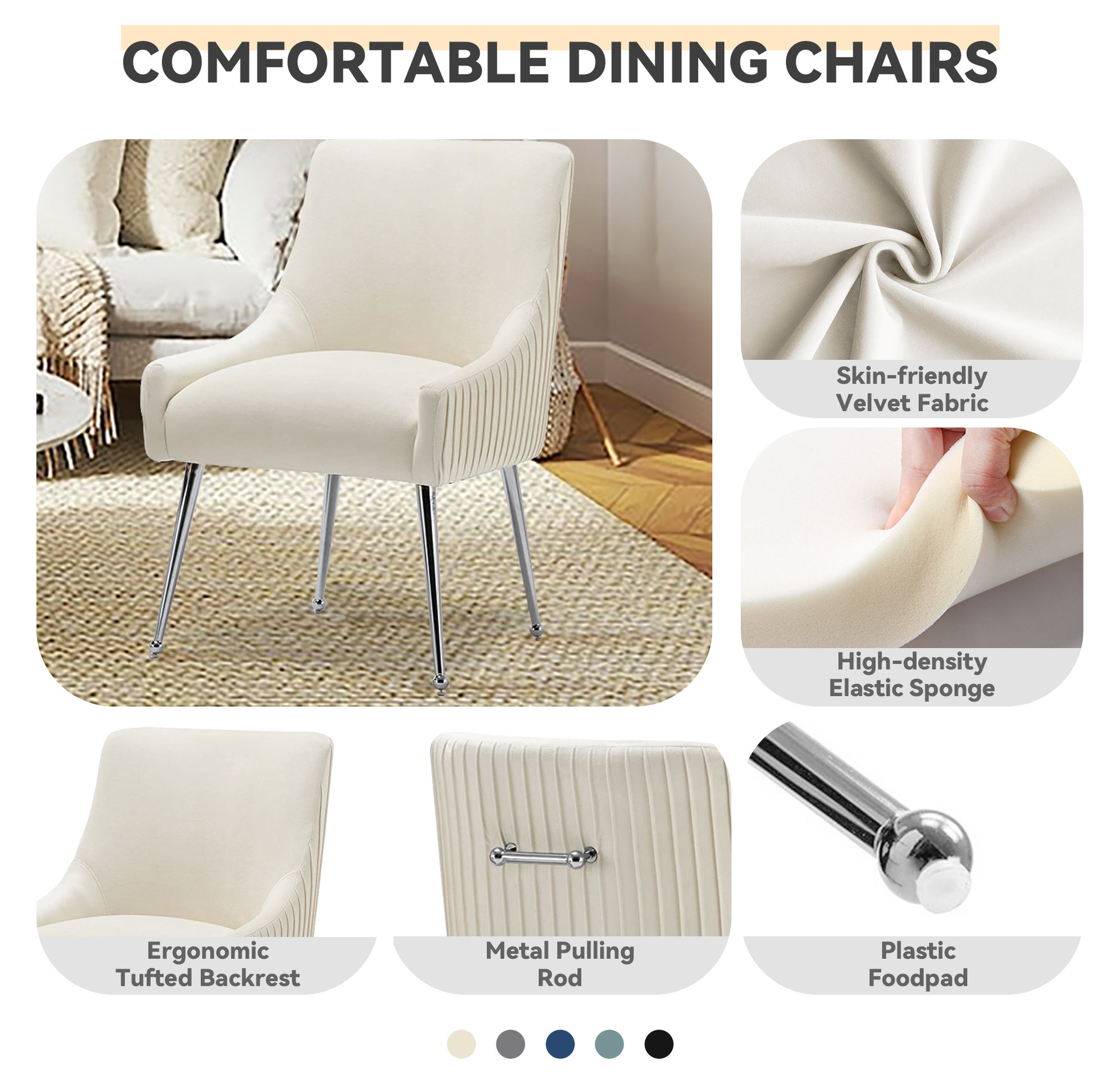 Pleated Velvet Dining Chair Set of 2, Tufted Accent Chair with Silver ...