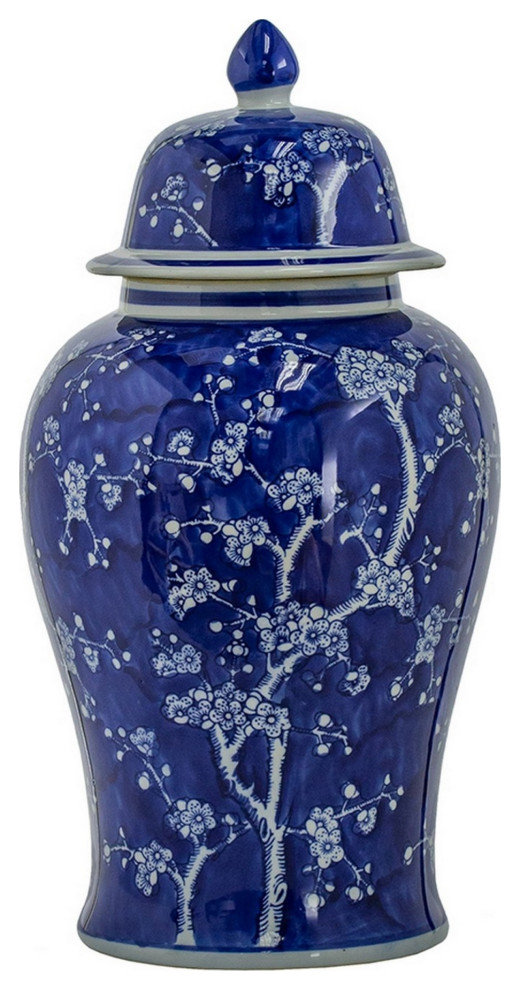 18 Inch Porcelain Ginger Jar, Finial Lid and Round Curved, Blue Flowers ...