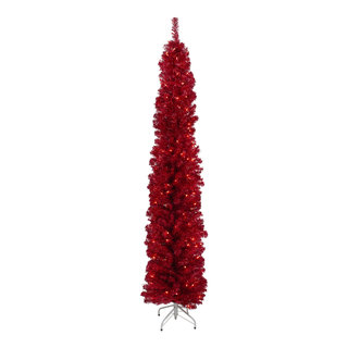 6'x20" Pre-Lit Red Tinsel Artificial Christmas Tree- Clear Lights ...