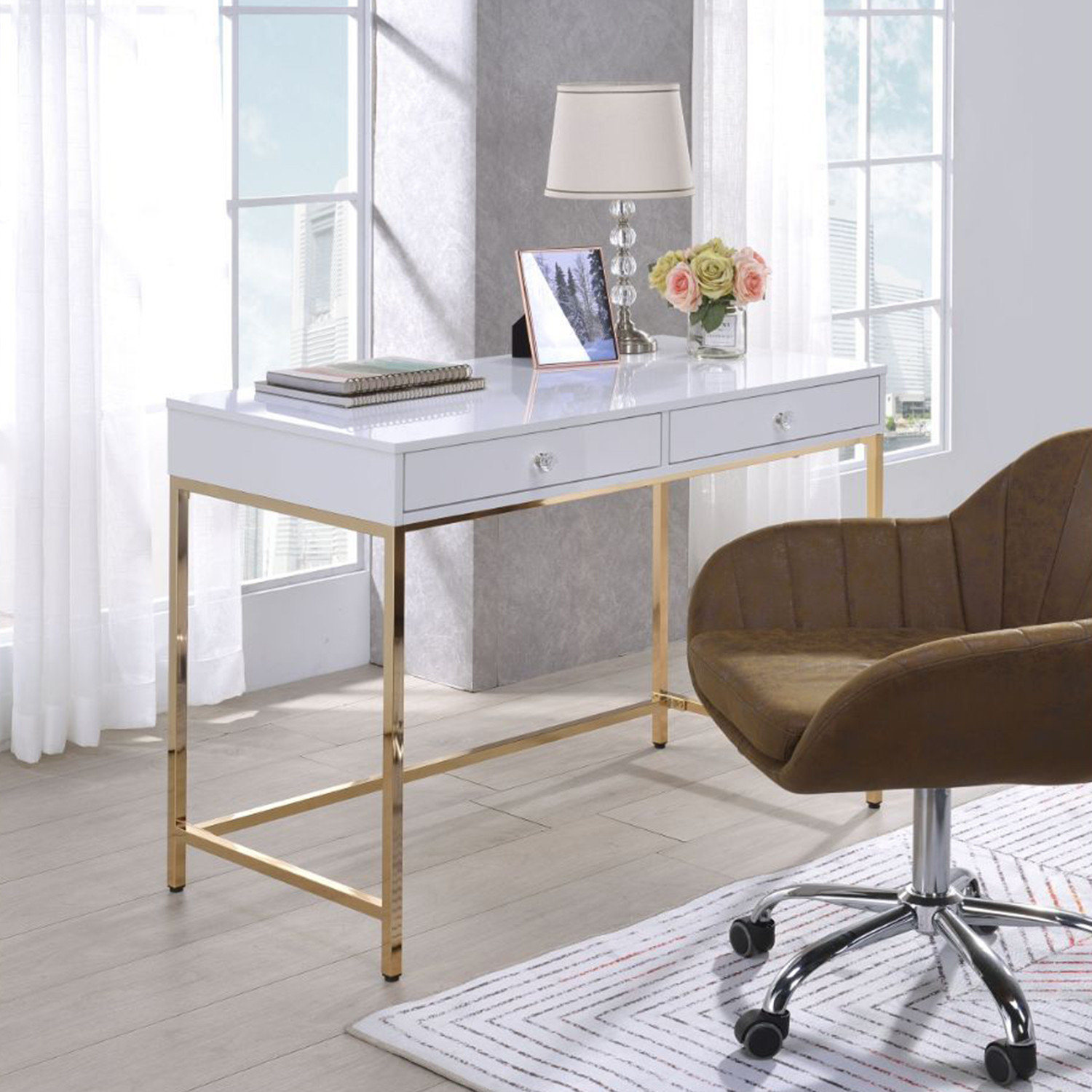 2 Drawers Writing Desk, White High Gloss and Gold - Contemporary ...