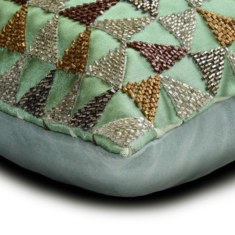 Teal Blue Silk Lumbar Pillow Cover Beaded - Teal Triad, 12"x22 ...