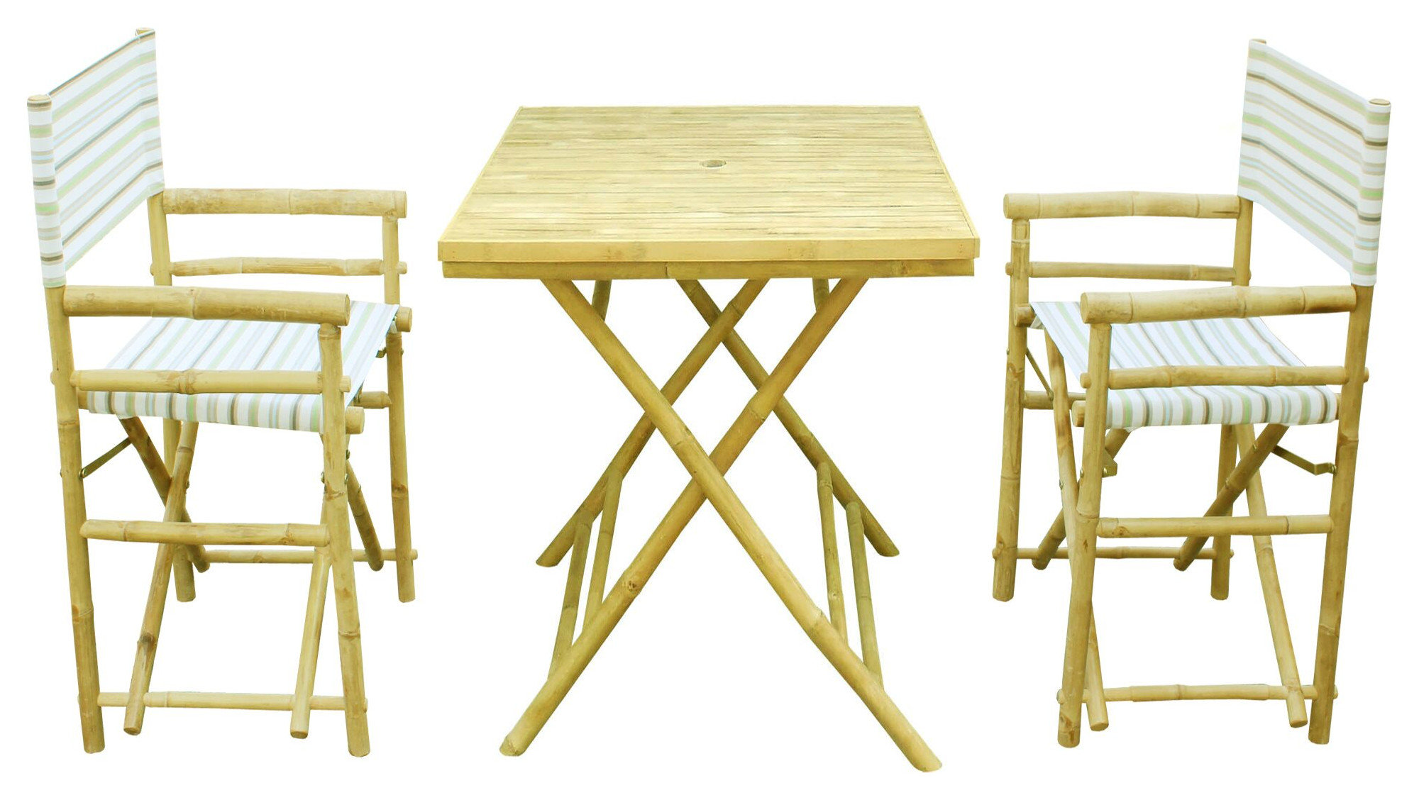 Bamboo Set Of 2 White Stripe Director Chairs And 1 Square Bamboo Table ...