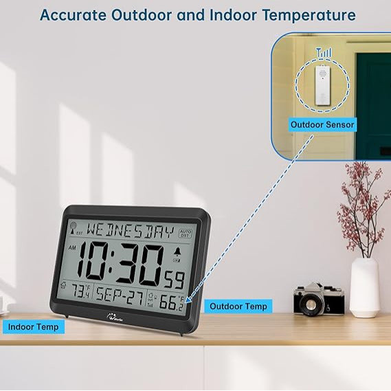 Atomic Clock with Indoor Outdoor Temperature, Self-Setting Digital Wall ...